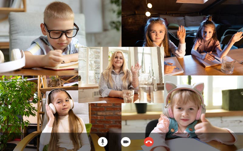 Group of Different Kids Studying Online by Group Video Call, Use Video ...