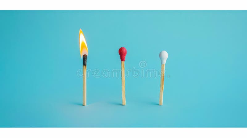 Group of Different Matches, Some Burning, Pastel Blue Background ...