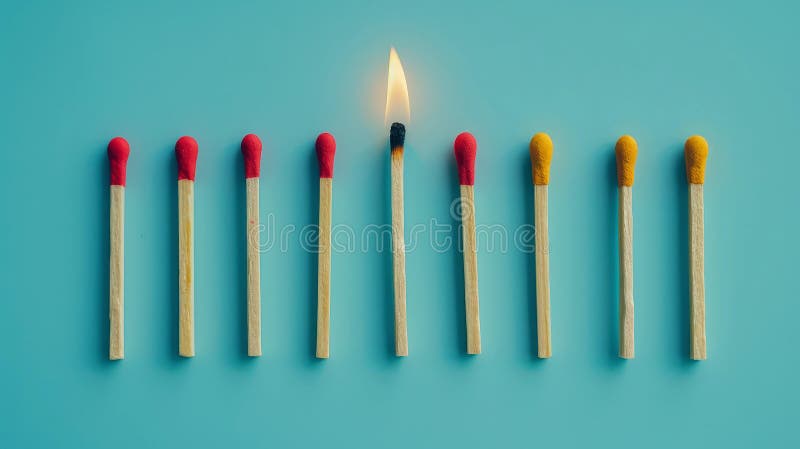 Group of Different Matches, Some Burning, Pastel Blue Background ...