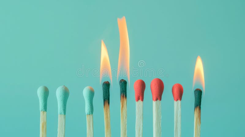 Group of Different Matches, Some Burning, Pastel Blue Background ...