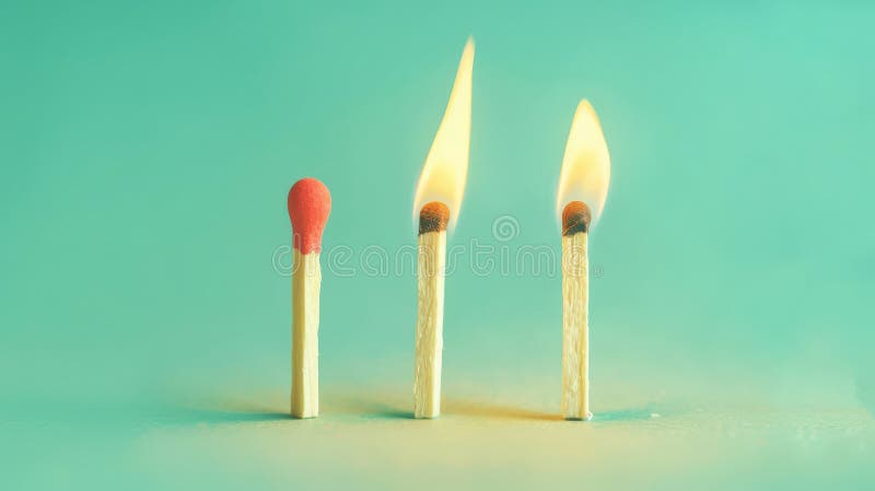 Group of Different Matches, Some Burning, Pastel Blue Background ...