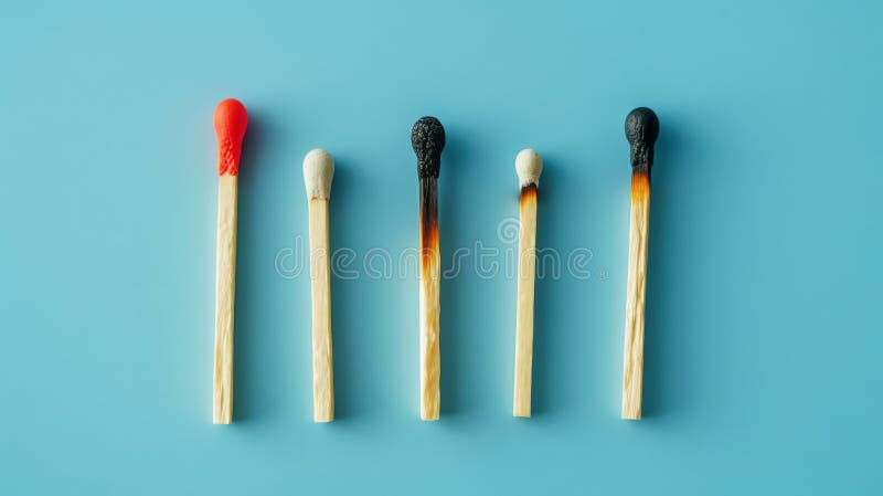 Group of Different Matches, Some Burning, Pastel Blue Background ...