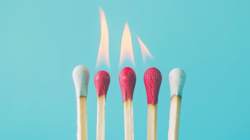 Group of Different Matches, Some Burning, Pastel Blue Background ...