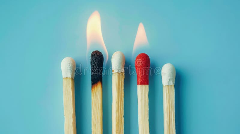 Group of Different Matches, Some Burning, Pastel Blue Background ...