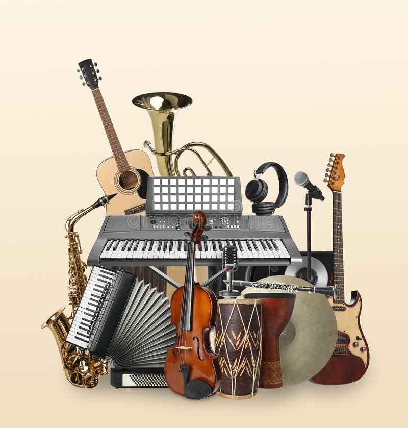 Group of Different Musical Instruments on Beige Stock Illustration ...