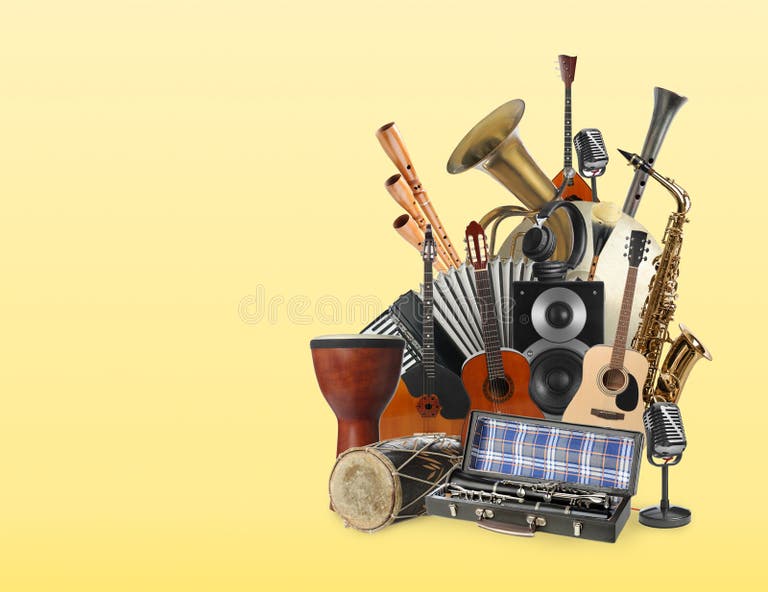 Group of Different Musical Instruments on Yellow Background, Space for ...