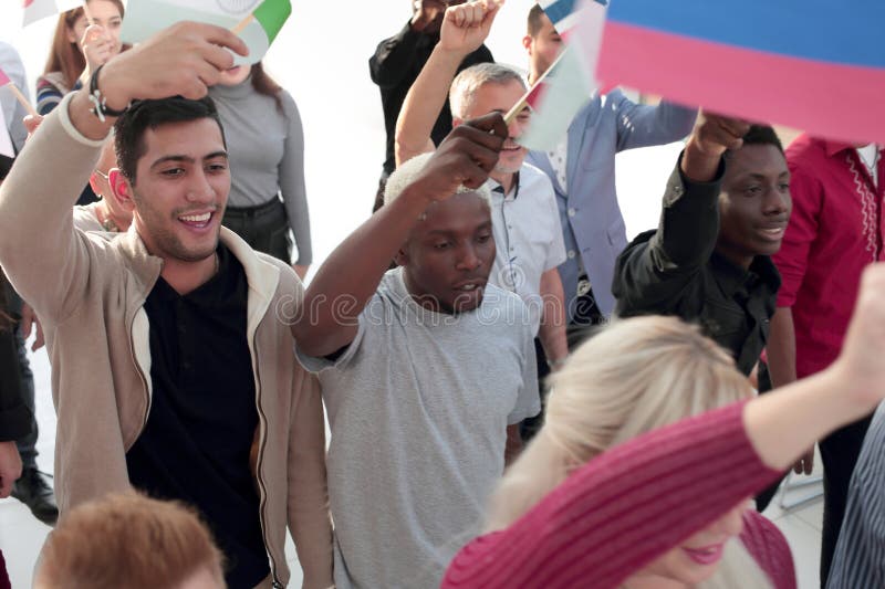 Group of Different People with Their National Flags Striding Forward ...