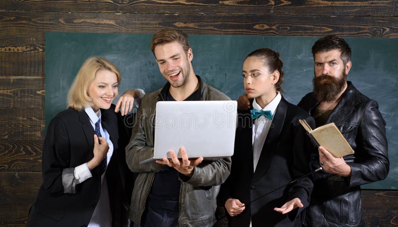 Group of Different Students Using Gadgets and Reading Book. Stock Image ...