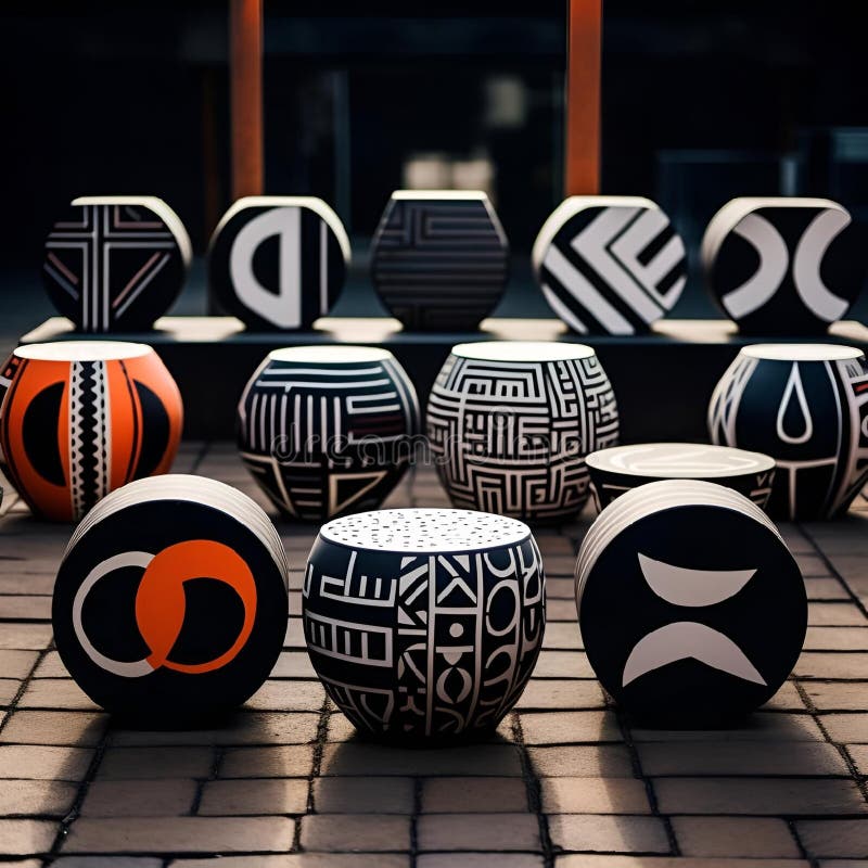 A Group of Different Types of Art Work Displayed on a Brick Slab Stock ...