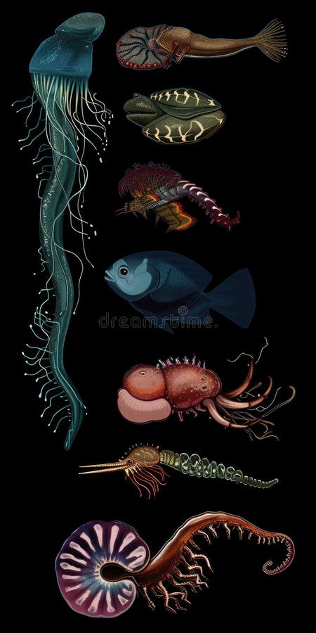 A Group of Different Types of Sea Creatures, Imitation of Vintage ...