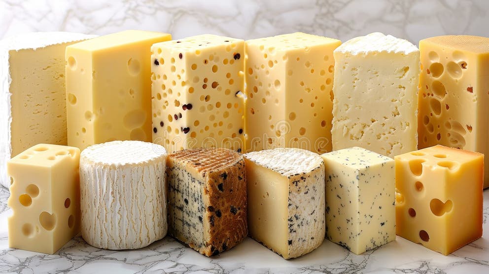 A Group of Different Types and Sizes of Cheese on a Marble Counter, AI ...