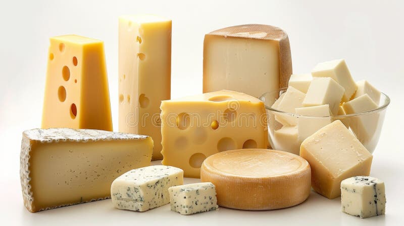 A Group of Different Types and Sizes of Cheese on a White Table, AI ...