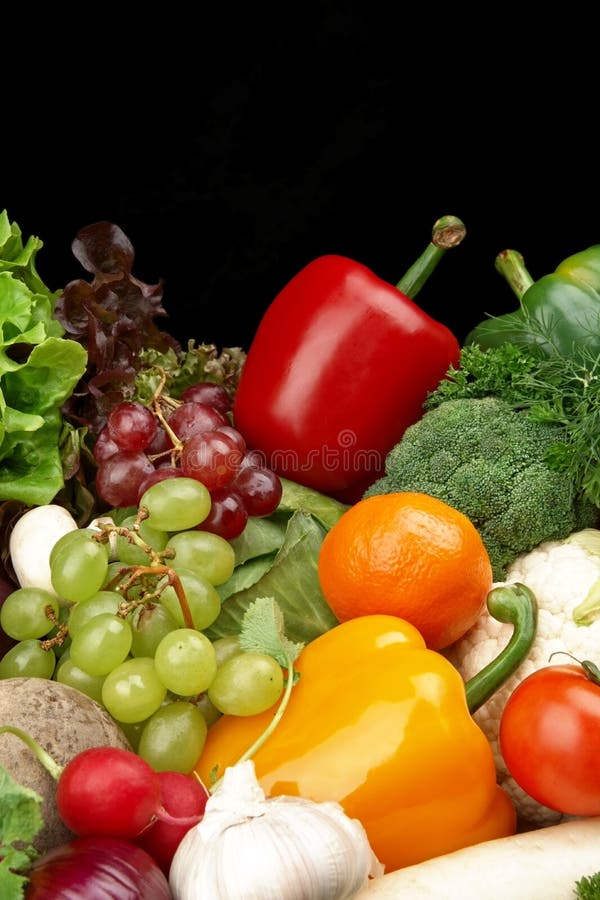 Group of Different Vegetables and Fruits on Black Stock Image - Image ...