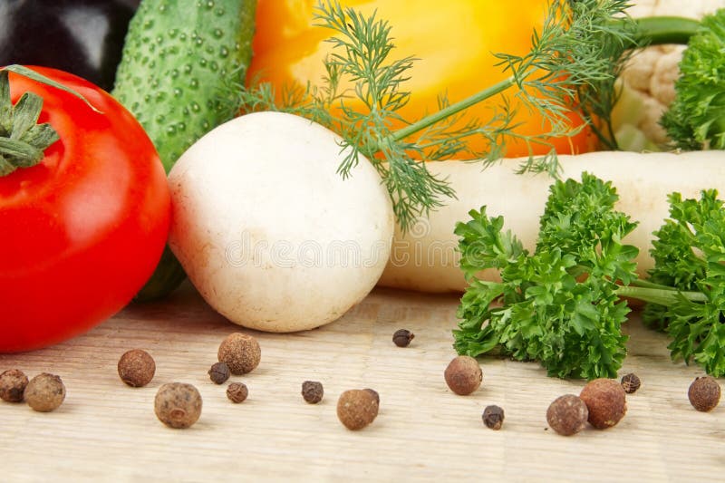 Group of Different Vegetables on Wooden Board Stock Image - Image of ...