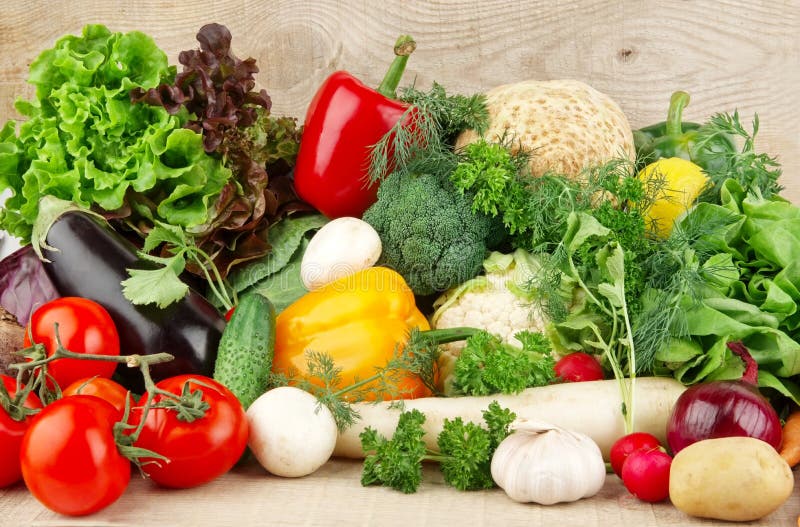Group of Different Vegetables on Wooden Board Stock Photo - Image of ...