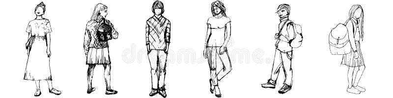 Group of 6 Different Young People, Pencil Sketch. Hand Drawn Human ...