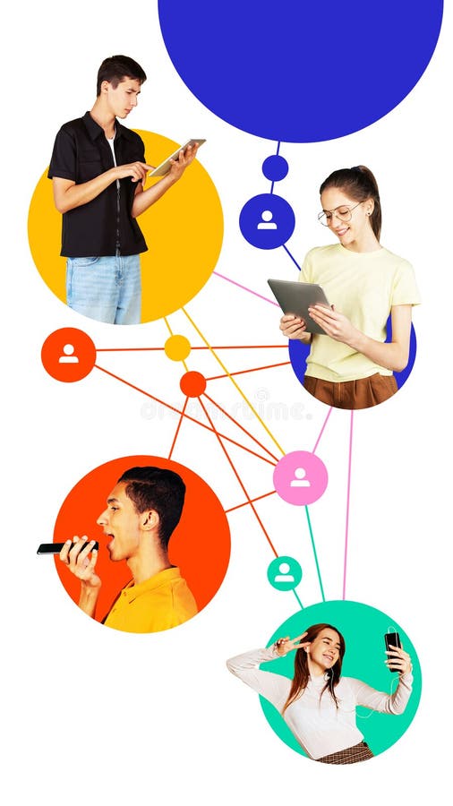 Group of Digitally Engaged People Connected by Lines, Interacting ...