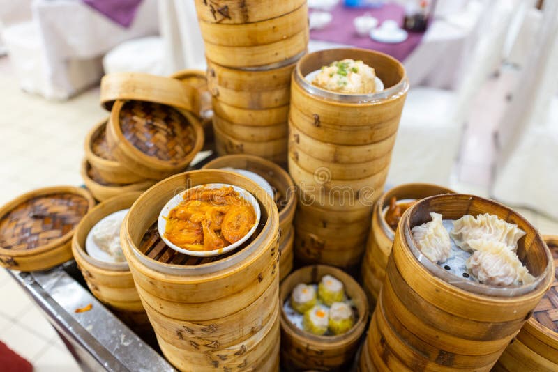 Group Dim Sum in Dim Sum Basket on Cart Stock Photo - Image of lunch ...