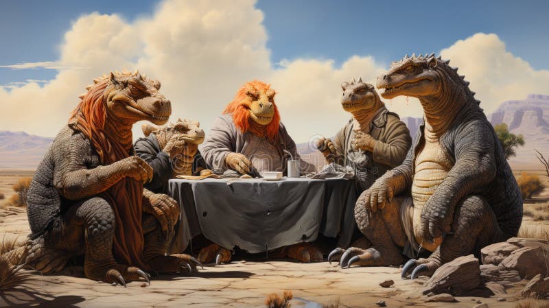 A Group of Dinosaurs Eating at a Table Stock Illustration ...