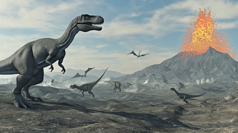 A Group of Dinosaurs Flee from an Erupting Volcano Stock Illustration ...