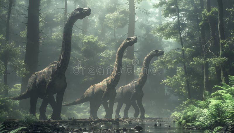 A Group of Dinosaurs in a Lush Forest, Surrounded by Trees and Plants ...
