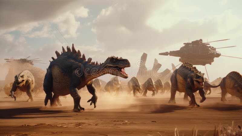 A Group of Dinosaurs Running Across a Dirt Field. Generative AI Image ...