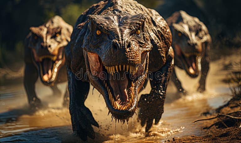 Group of Dinosaurs Running through River Stock Image - Image of ...
