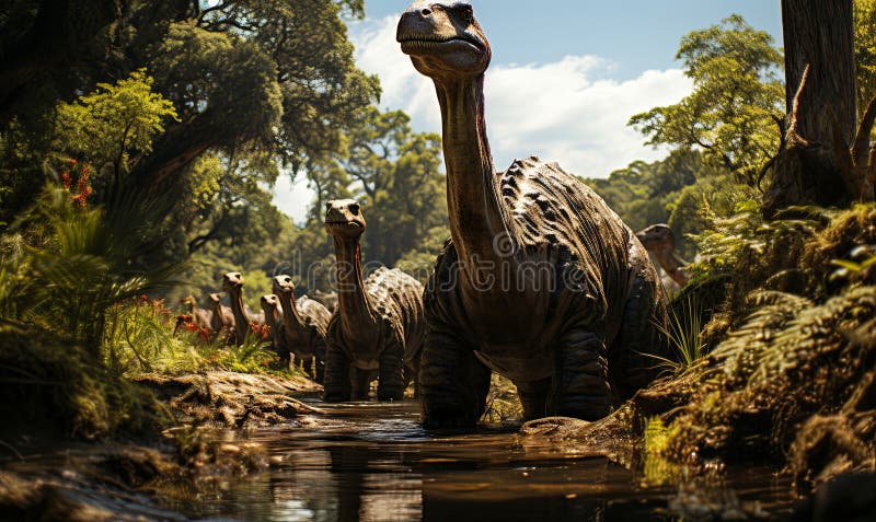 Group of Dinosaurs Walking through Forest Stock Photo - Image of ...