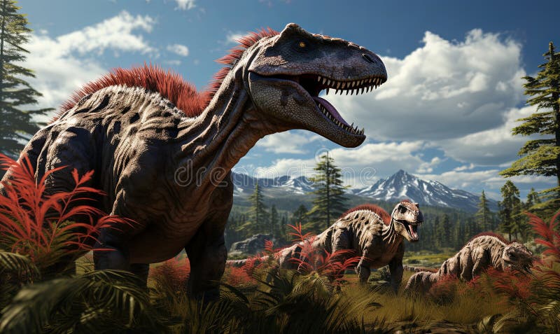 Group of Dinosaurs Walking through Forest Stock Photo - Image of ...