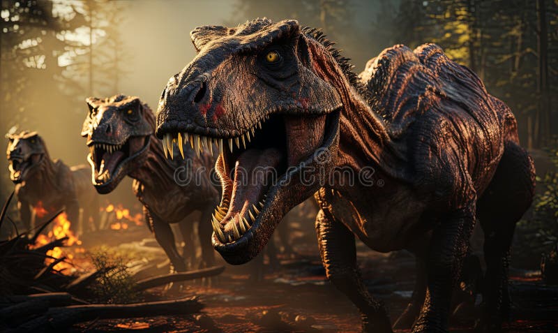 Group of Dinosaurs Walking through Forest Stock Photo - Image of ...