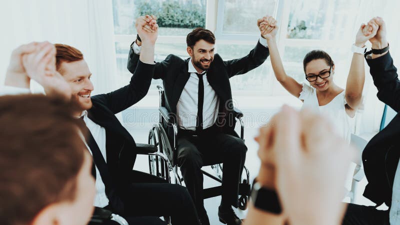 Group Disabled People Raise Hands in Bright Office Stock Image - Image ...