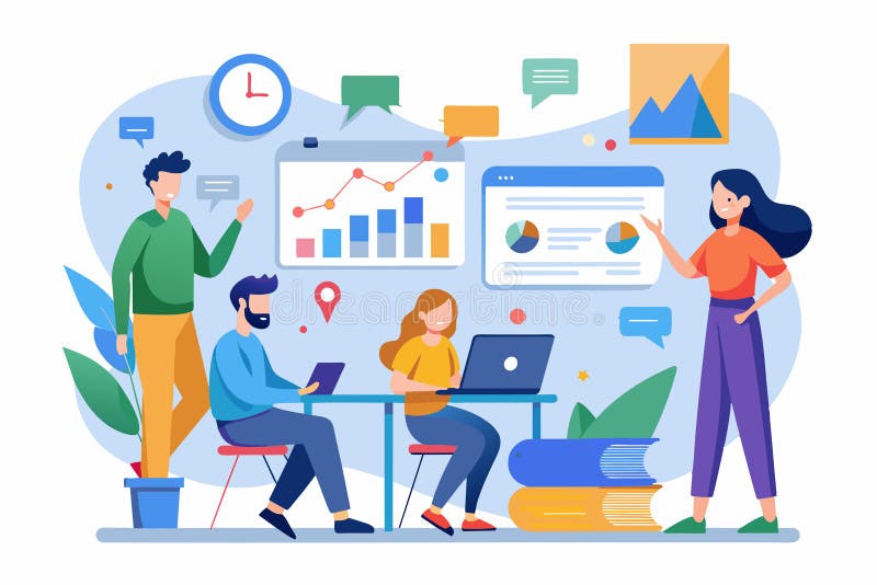 A Group Discusses a Work Presentation Featuring Time Trends, Data ...