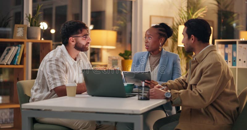 Group, Discussion and Laptop in Brainstorming for Ideas, Project or ...