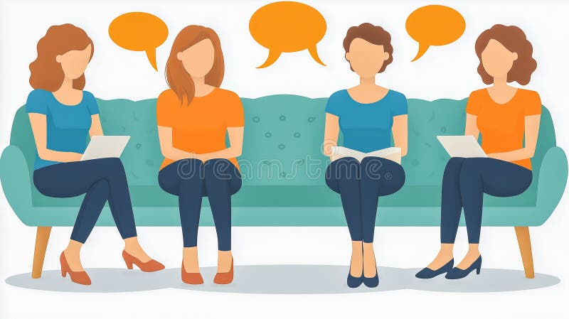 Group Discussion with Women Sitting on a Couch with Laptops and Books ...