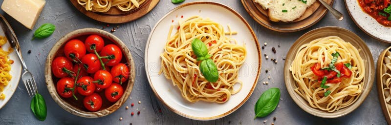 A Group of Dishes with Pasta on it Stock Image - Image of pasta, table ...