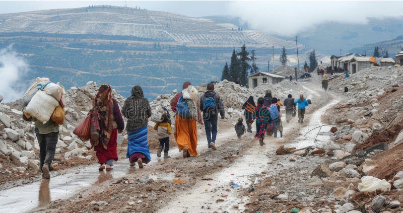 Group of Displaced People Walking through Rugged Terrain in Search of ...