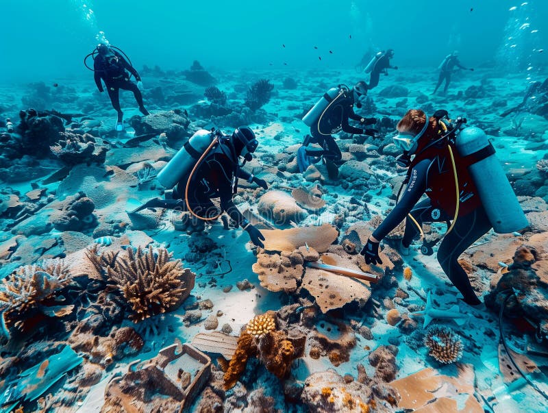 A Group of Divers Collects Garbage from the Bottom of the Ocean. Stock ...