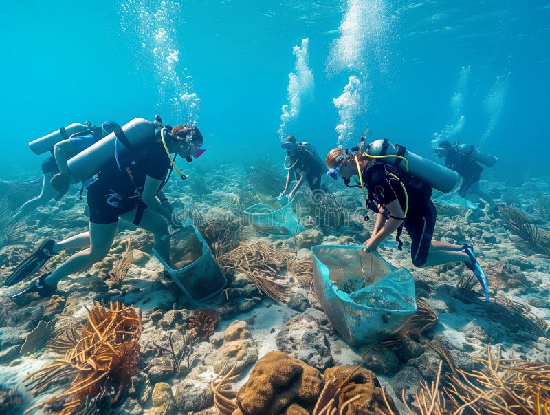 A Group of Divers Collects Garbage from the Bottom of the Ocean. Stock ...