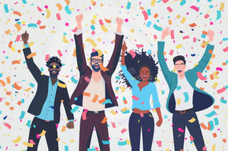 Group of Diverse Animated Characters Celebrating with Raised Hands and ...