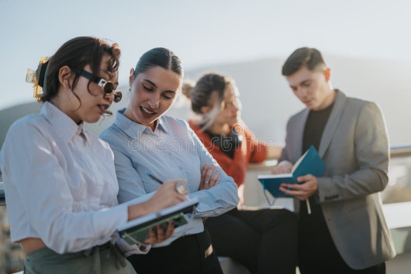 Diverse Business Team Collaborating on a Rooftop at Sunset Stock Image ...