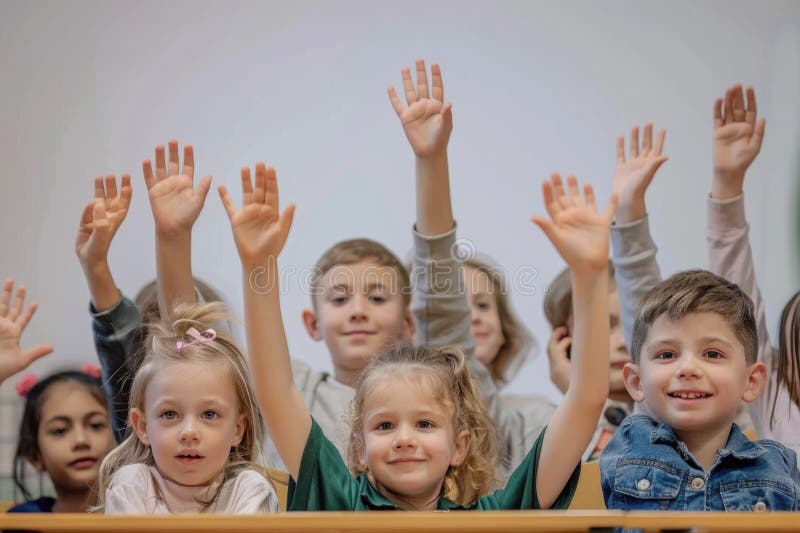 Group of Diverse Children Raising Hands in Classroom Setting for ...