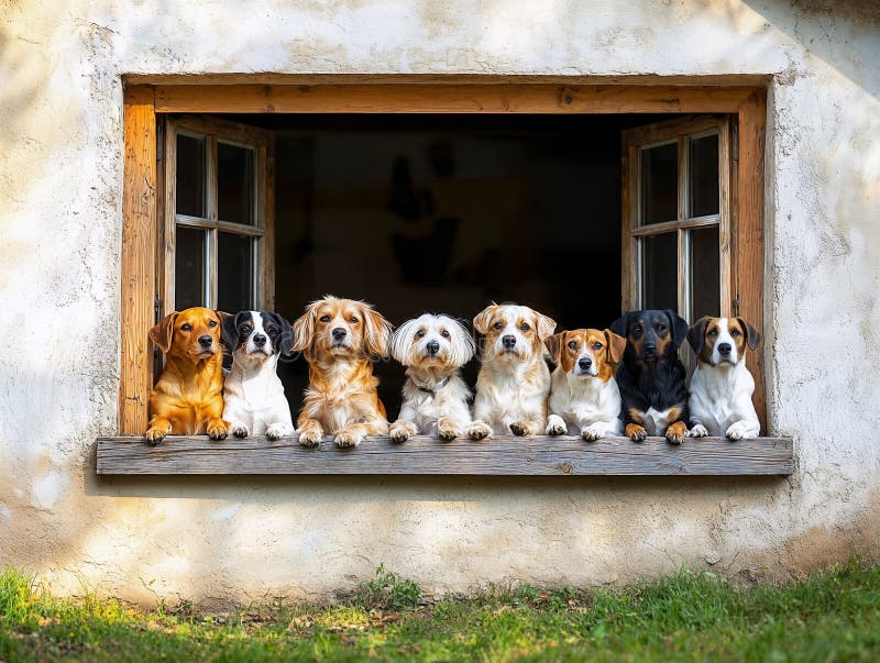 Group of Diverse Dogs Happily Sitting in Rustic Window Frame. Ai ...