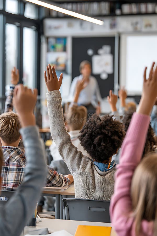 Engaged Students Raising Hands in a Bright, Modern Classroom during a ...