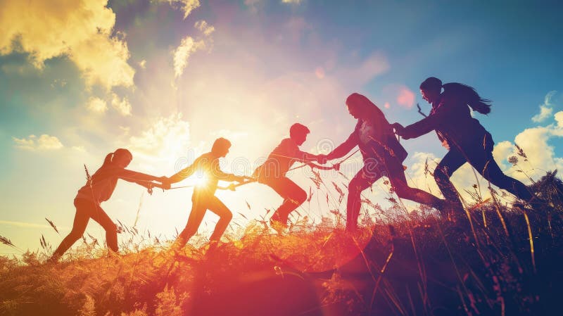 Group of Diverse Friends Running Up a Hill into the Sunset Holding ...