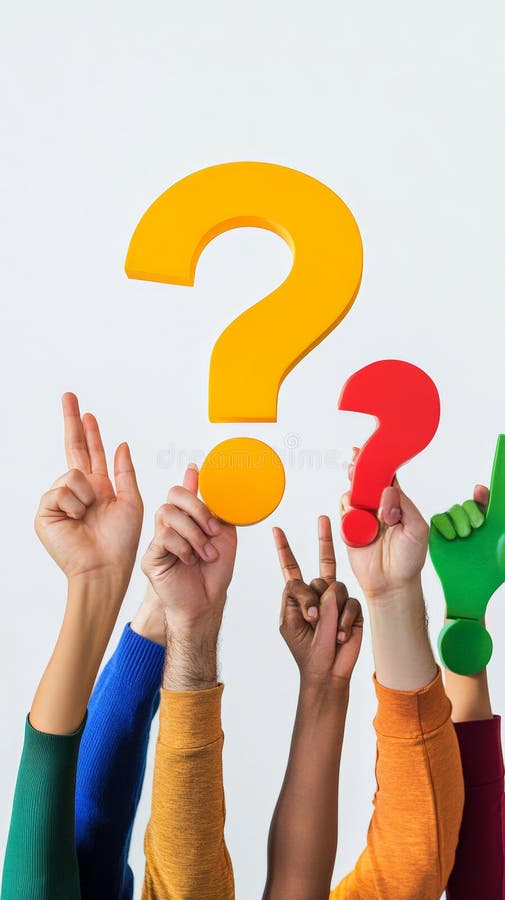 Group of Diverse Hands Holding Colorful Question Marks Against a White ...
