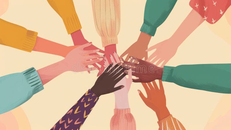 Group of Diverse Hands Joined Together in a Circle. Unity and Teamwork ...