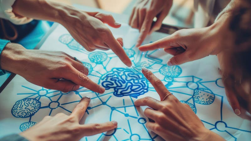 A Group of Diverse Hands Pointing at a Drawing of a Brain the Image ...