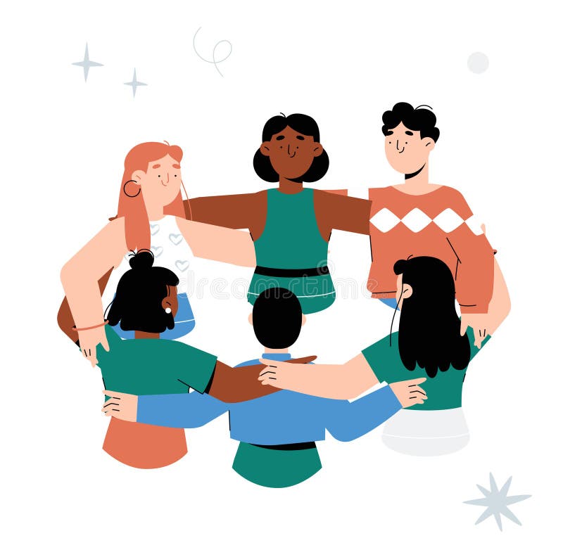 Diverse Group Hugging in a Circle in Flat Vector Illustration ...