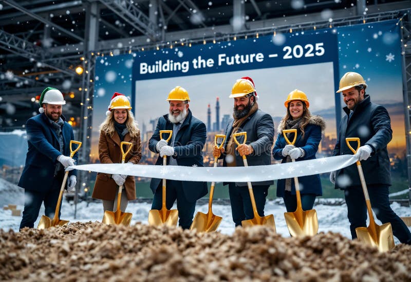 Group of Diverse Individuals in Hard Hats Participate in Groundbreaking ...