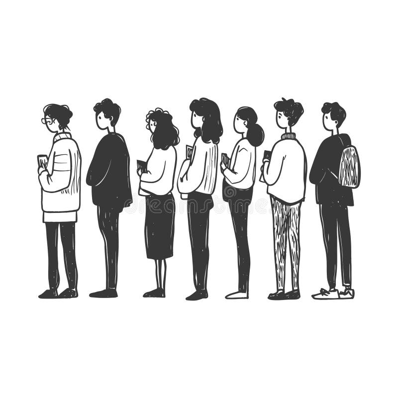 People Waiting in Line, Hand Drawn Style Illustration Stock Vector ...